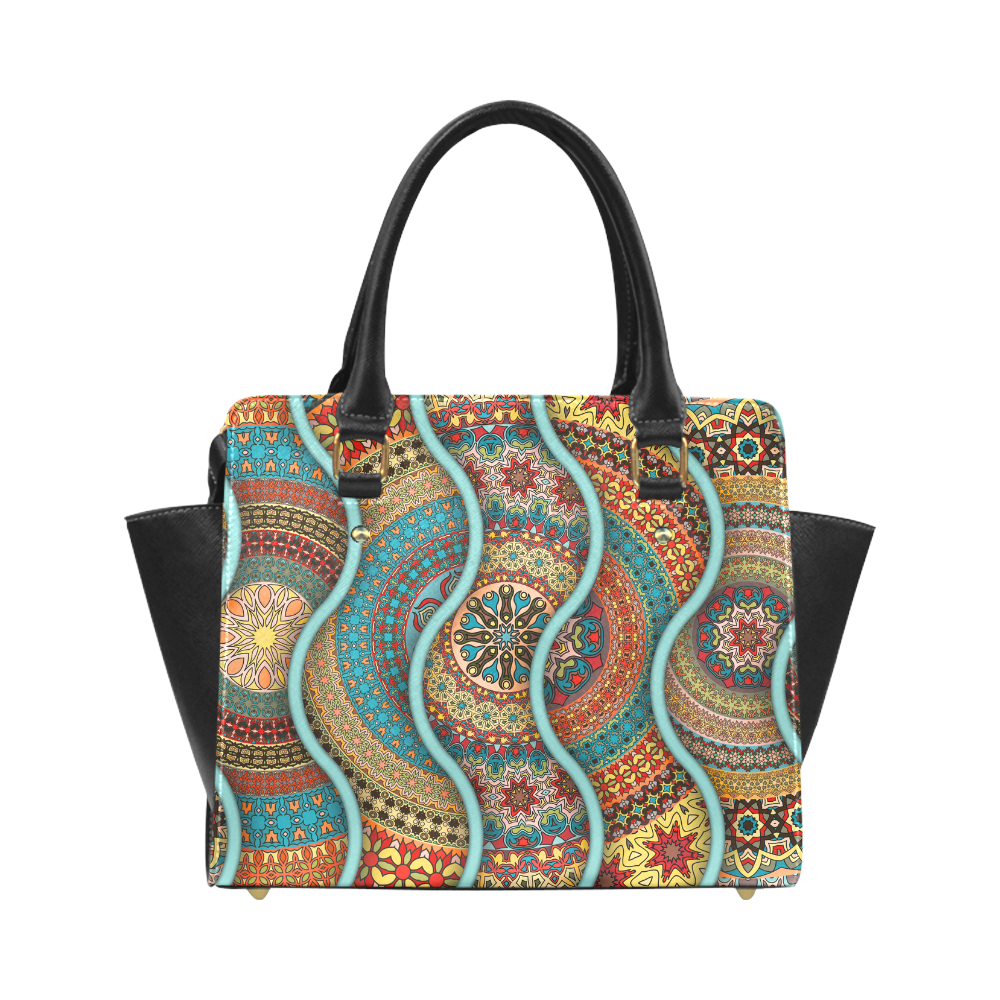 Red Aqua Vintage Floral Texture Pattern Classic Shoulder Handbag (Model ...