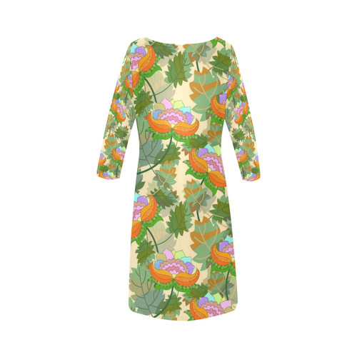 Pink Orange Floral Pattern Green Leaves Round Collar Dress (D22) | ID ...