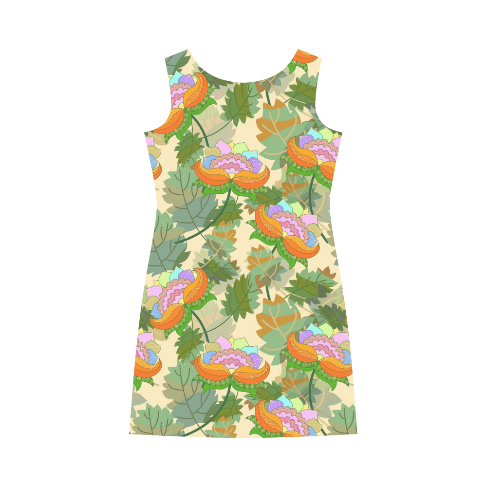 Pink Orange Floral Pattern Green Leaves Round Collar Dress (D22) | ID ...