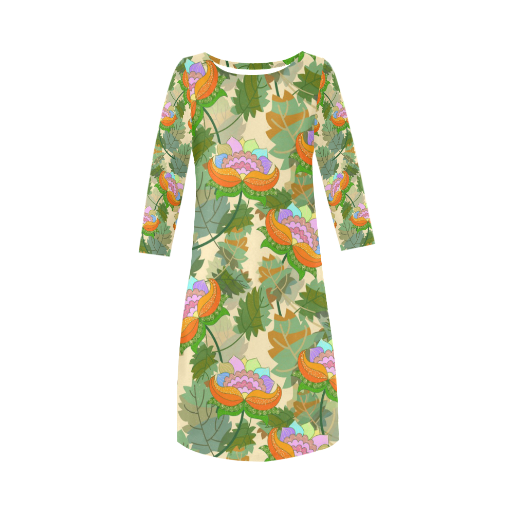 Pink Orange Floral Pattern Green Leaves Round Collar Dress (D22) | ID ...