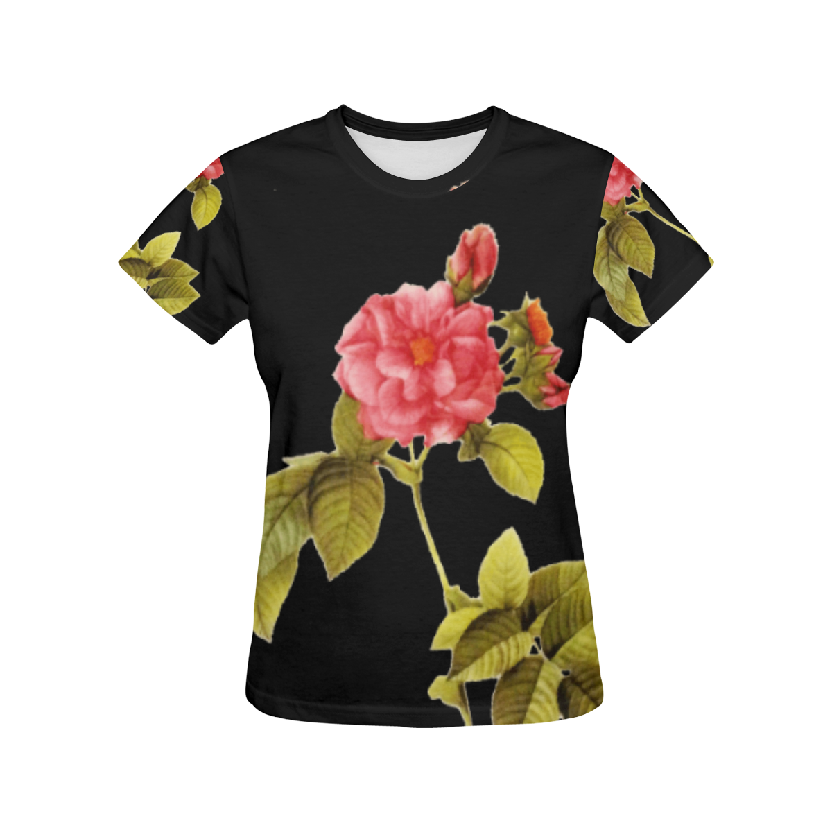 Vintage Red Rose Floral All Over Print T-Shirt for Women (USA Size ...