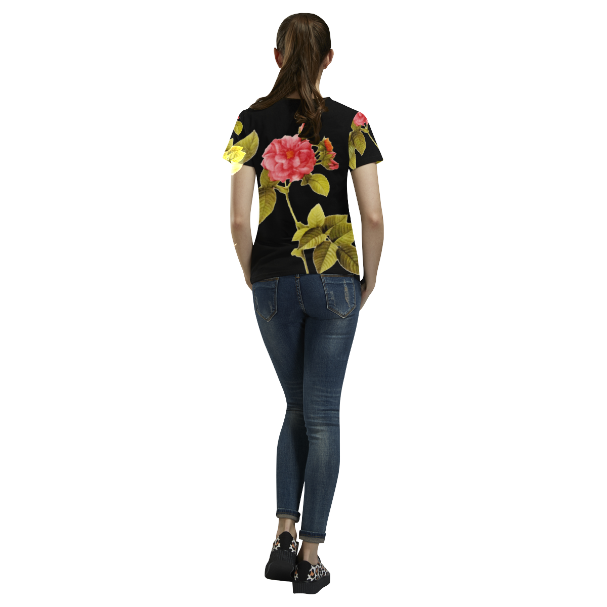 Vintage Red Rose Floral All Over Print T-Shirt for Women (USA Size ...