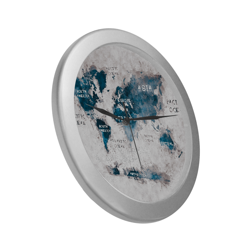 world map OCEANS and continents Silver Color Wall Clock | ID: D1526953