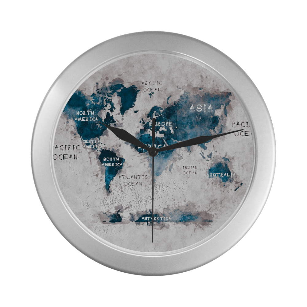 world map OCEANS and continents Silver Color Wall Clock | ID: D1526953