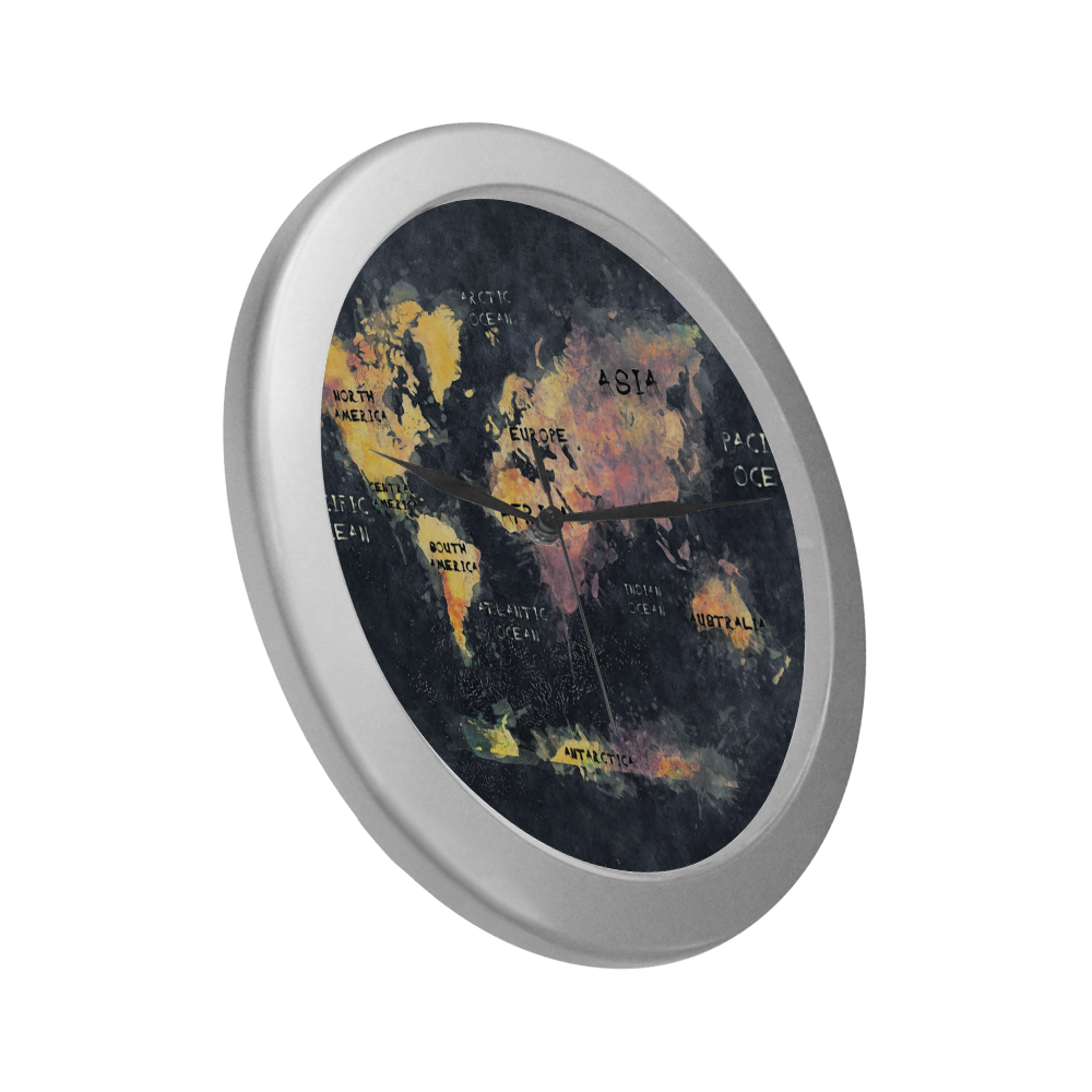 world map OCEANS and continents Silver Color Wall Clock | ID: D1526942
