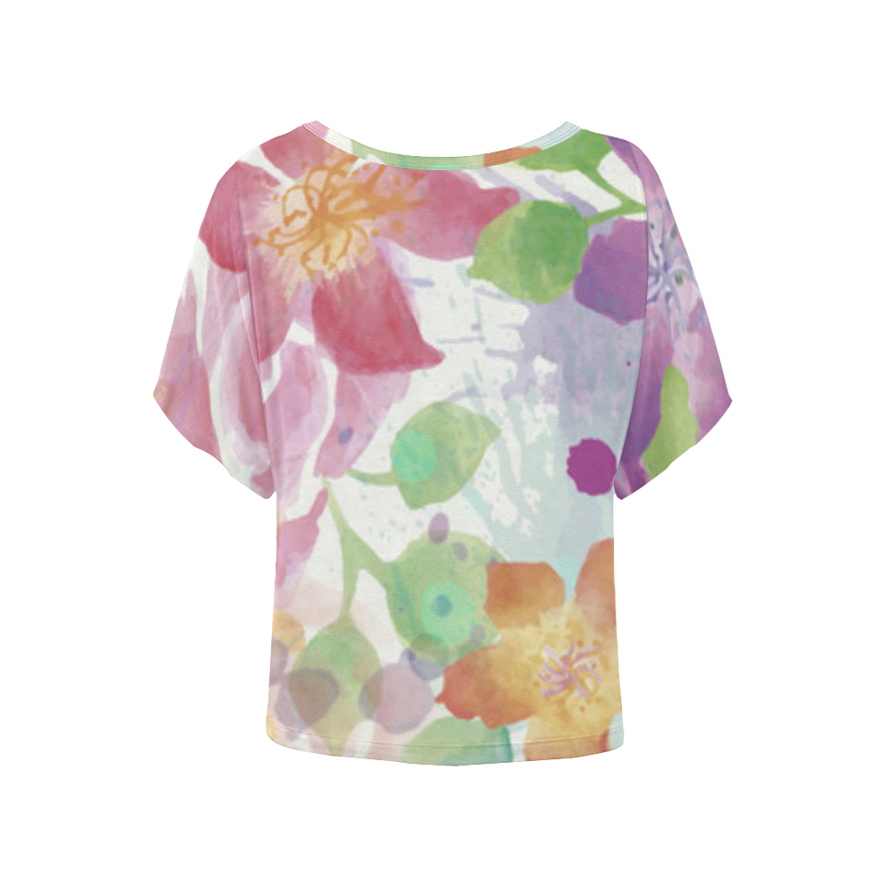 Watercolor Splash Red Green Floral Pattern Women's Batwing-Sleeved ...