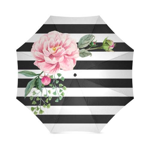 Black & White Stripes Pink Floral Watercolor Foldable Umbrella (Model ...