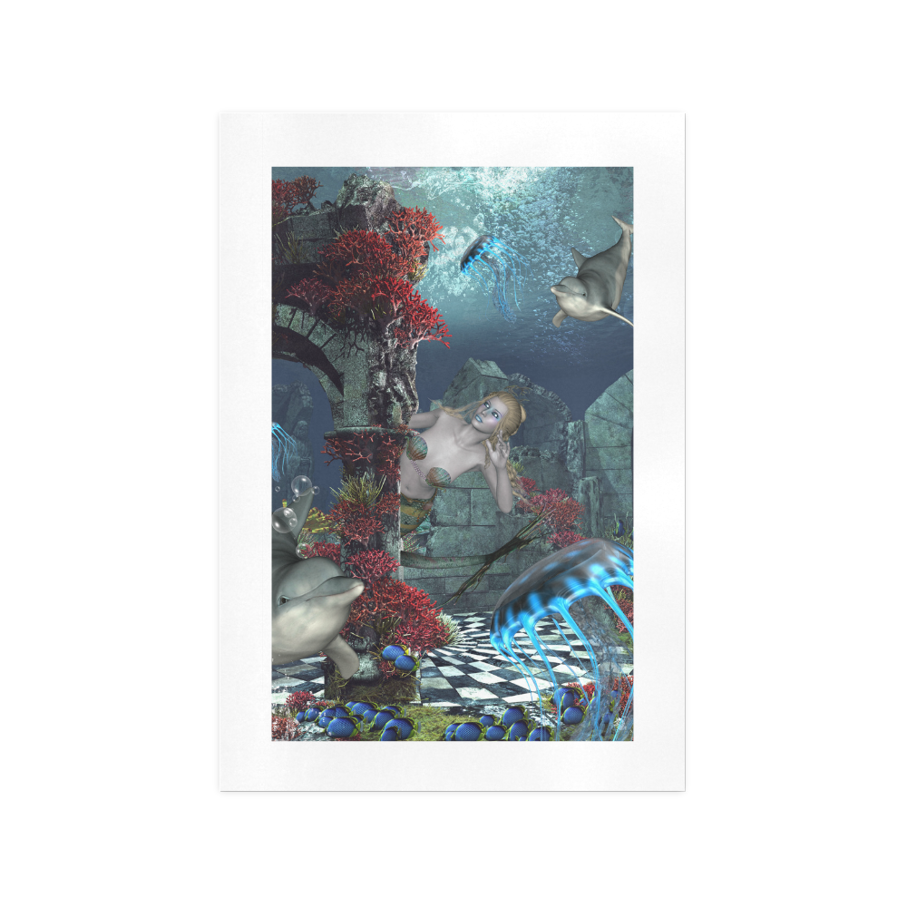 Beautiful mermaid swimming with dolphin Art Print 13‘’x19‘’ | ID: D1803946