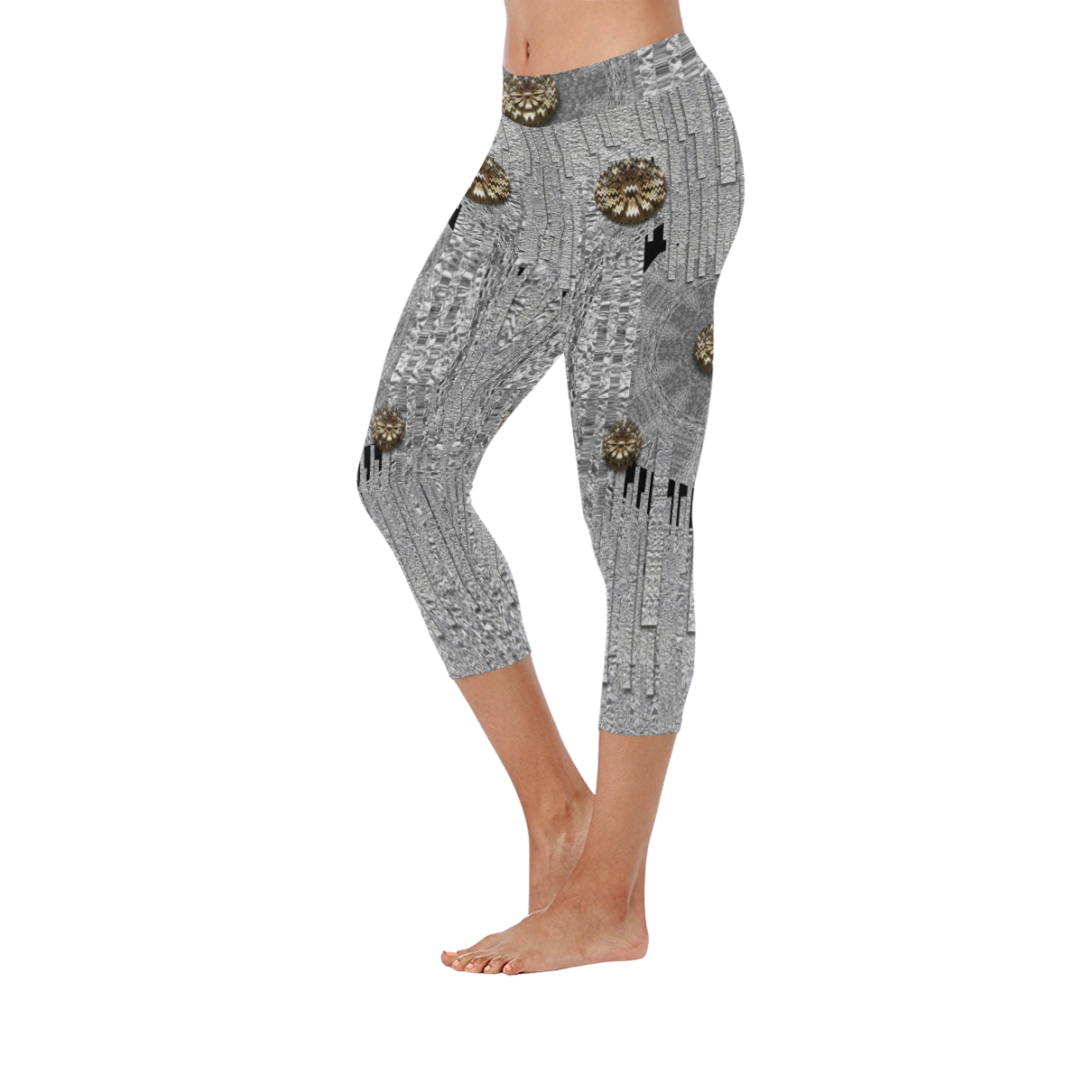 Wonderful gold flowers on silver Women's Low Rise Capri Leggings ...