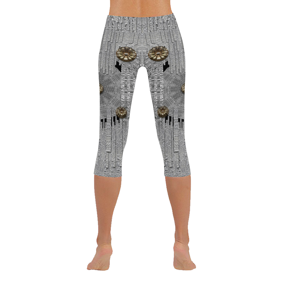 Wonderful gold flowers on silver Women's Low Rise Capri Leggings ...