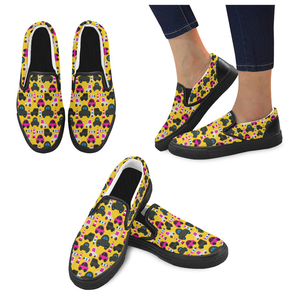 toy cars yellow Men's Slip-on Canvas Shoes (Model 019) | ID: D2032100