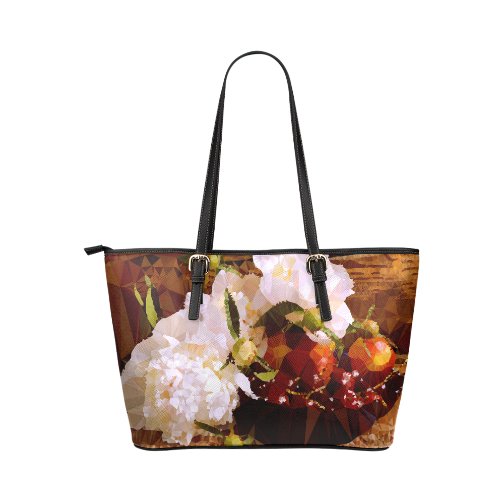 Peonies Fruit Floral Low Poly Still Life Leather Tote Bag/Small (Model ...