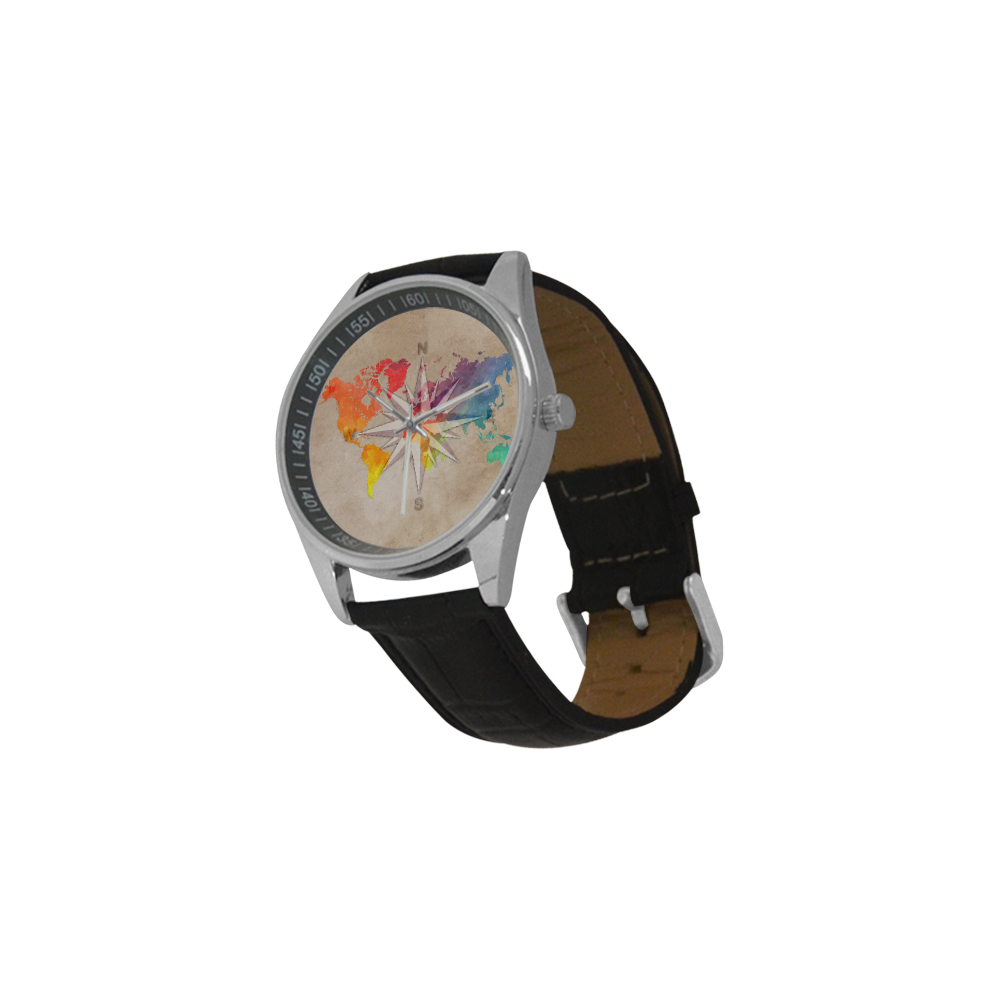 world map wind rose #map #worldmap Men's Casual Leather Strap Watch ...