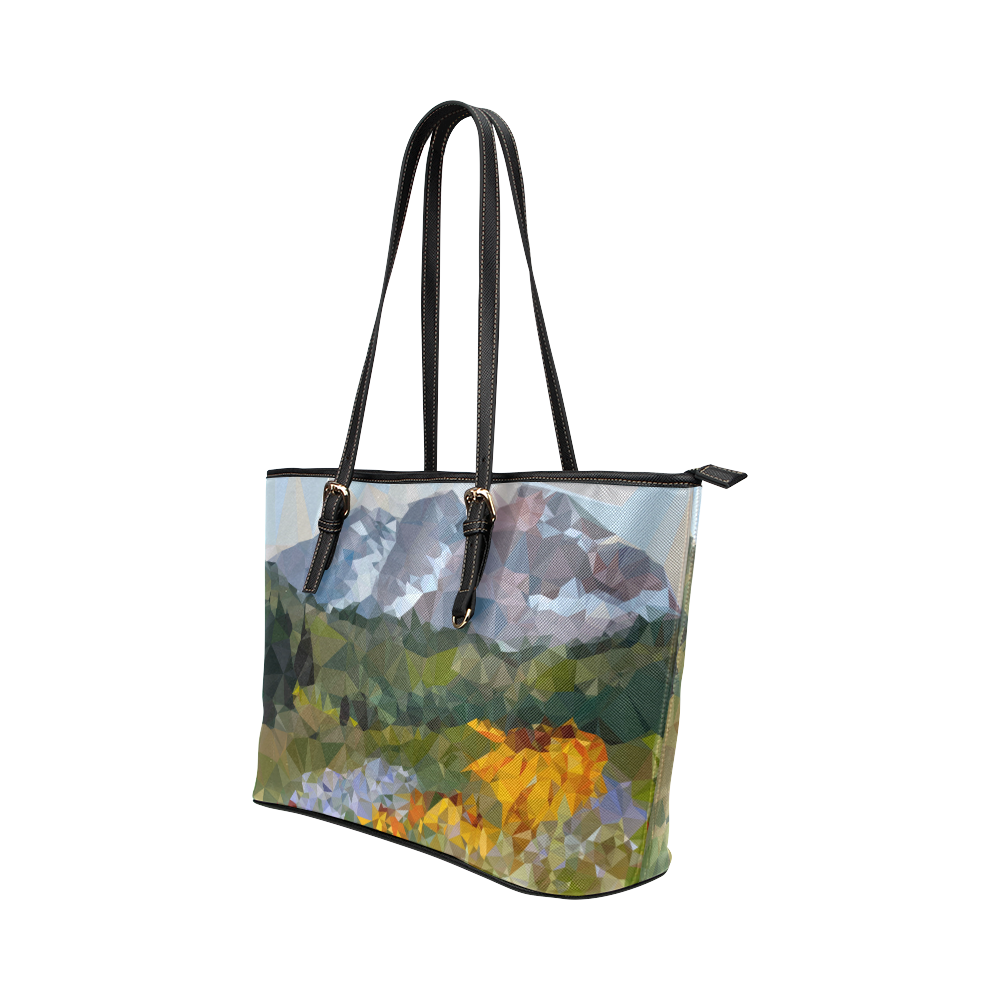 Mountain Landscape Floral Low Polygon Art Leather Tote Bag/Large (Model ...