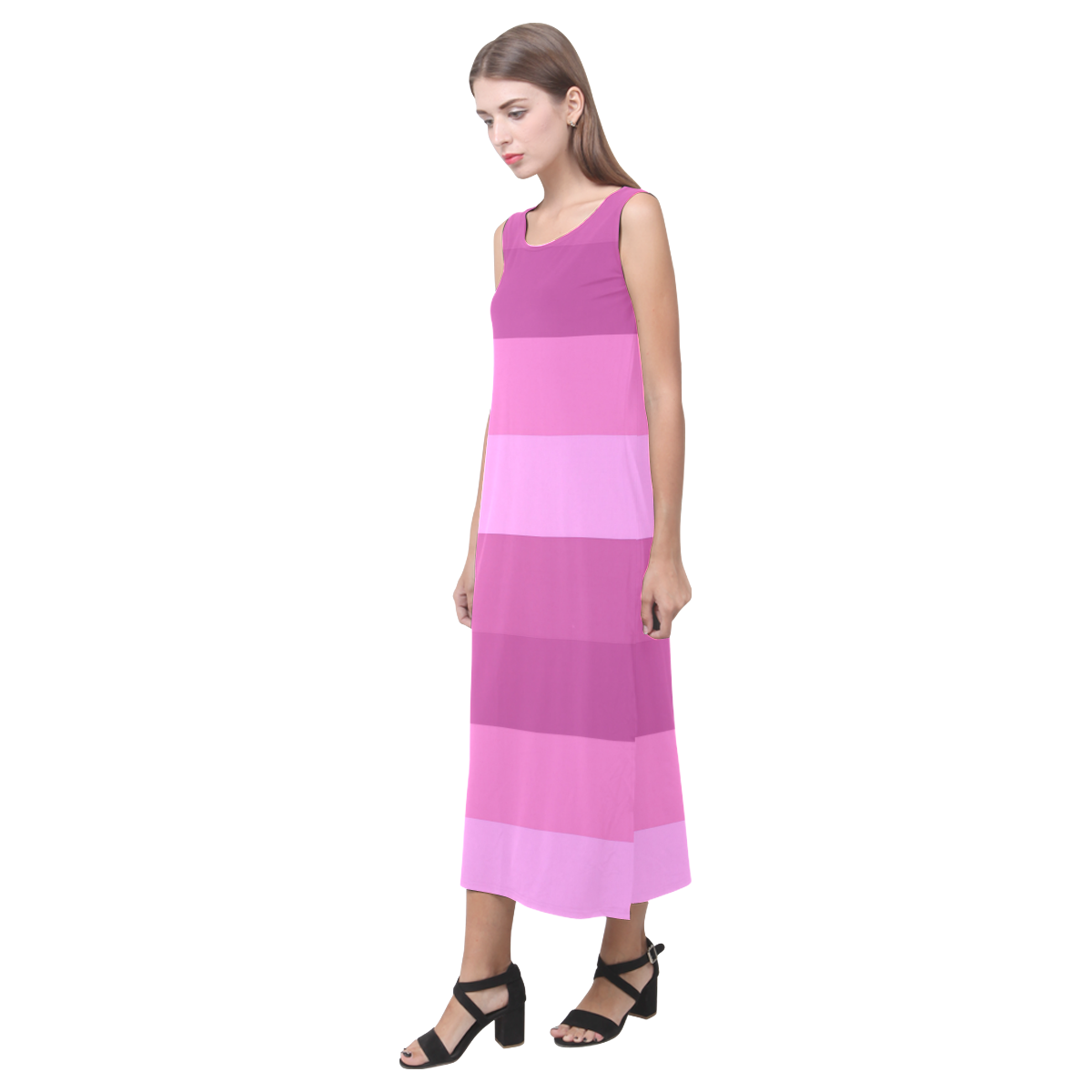 Shades Of Pink Stripes Phaedra Sleeveless Open Fork Long Dress (Model ...