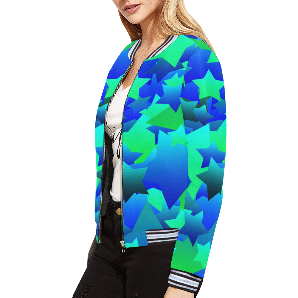 Bubble Stars Blue All Over Print Bomber Jacket for Women (Model H21 ...